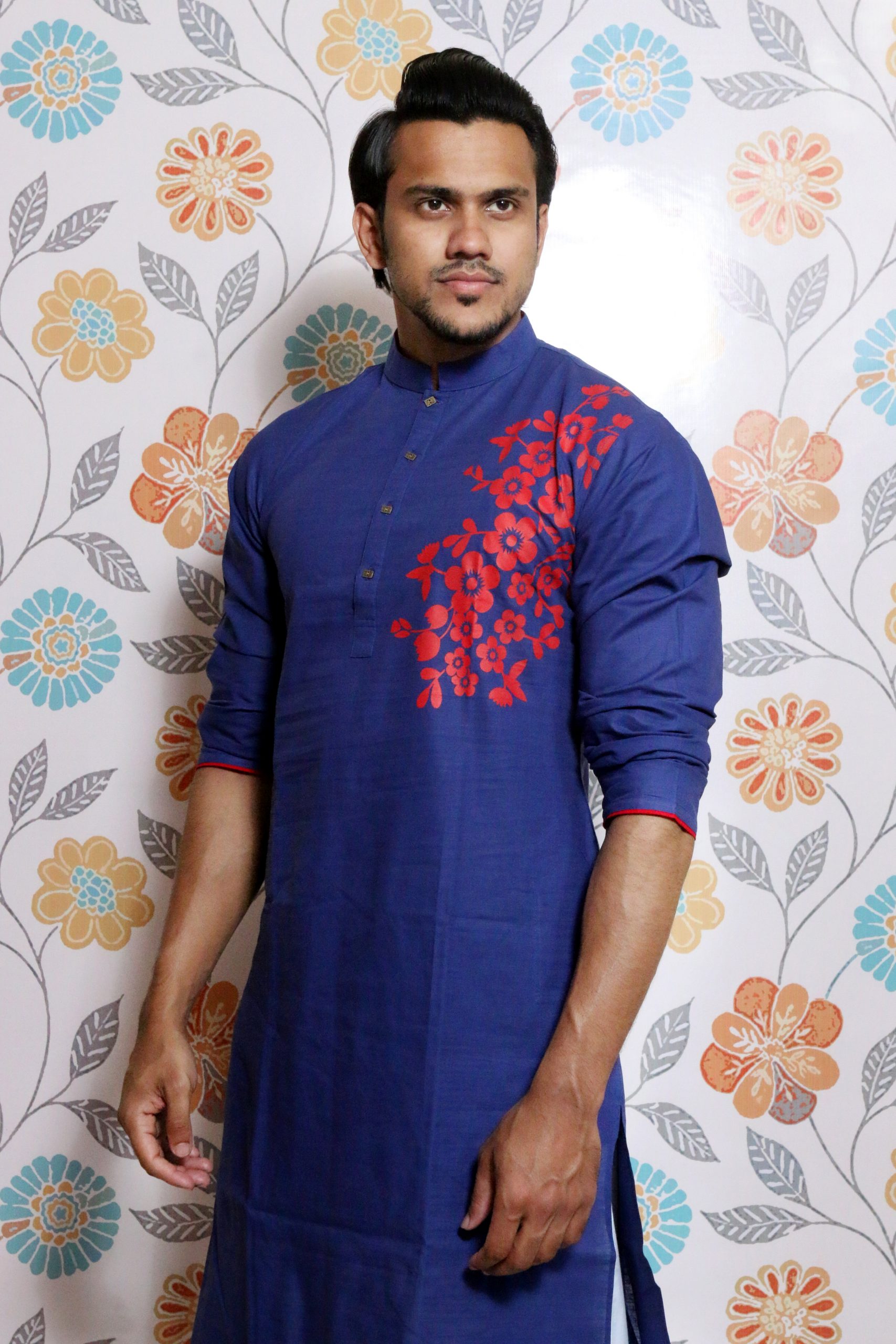 Navy Blue Screen Printed Panjabi For Men - Beshi Deshi