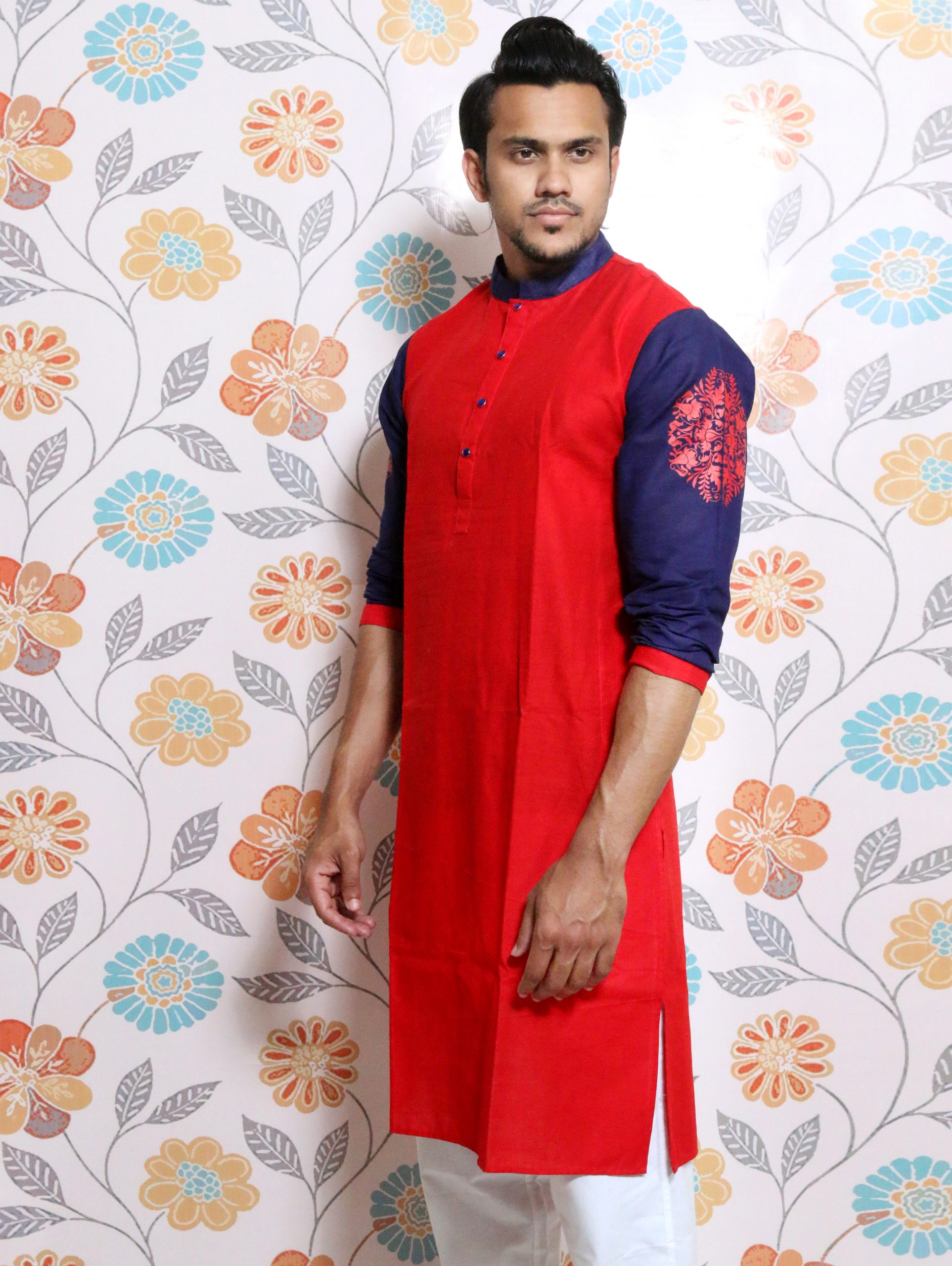 Red Screen Printed Panjabi For Men - Beshi Deshi