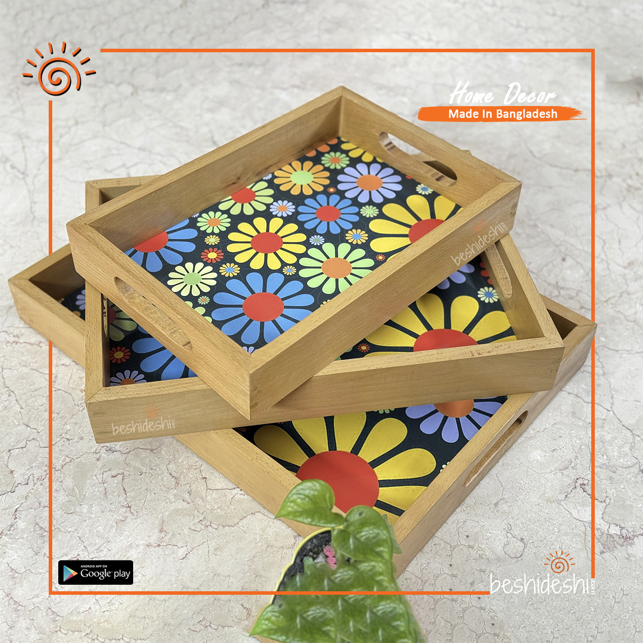 Wooden Rectangle Shape Tray Set - BeshiDeshi