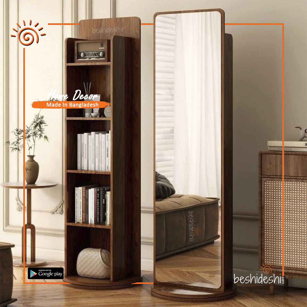 Rotating Mirror With Bookshelf - BeshiDeshi