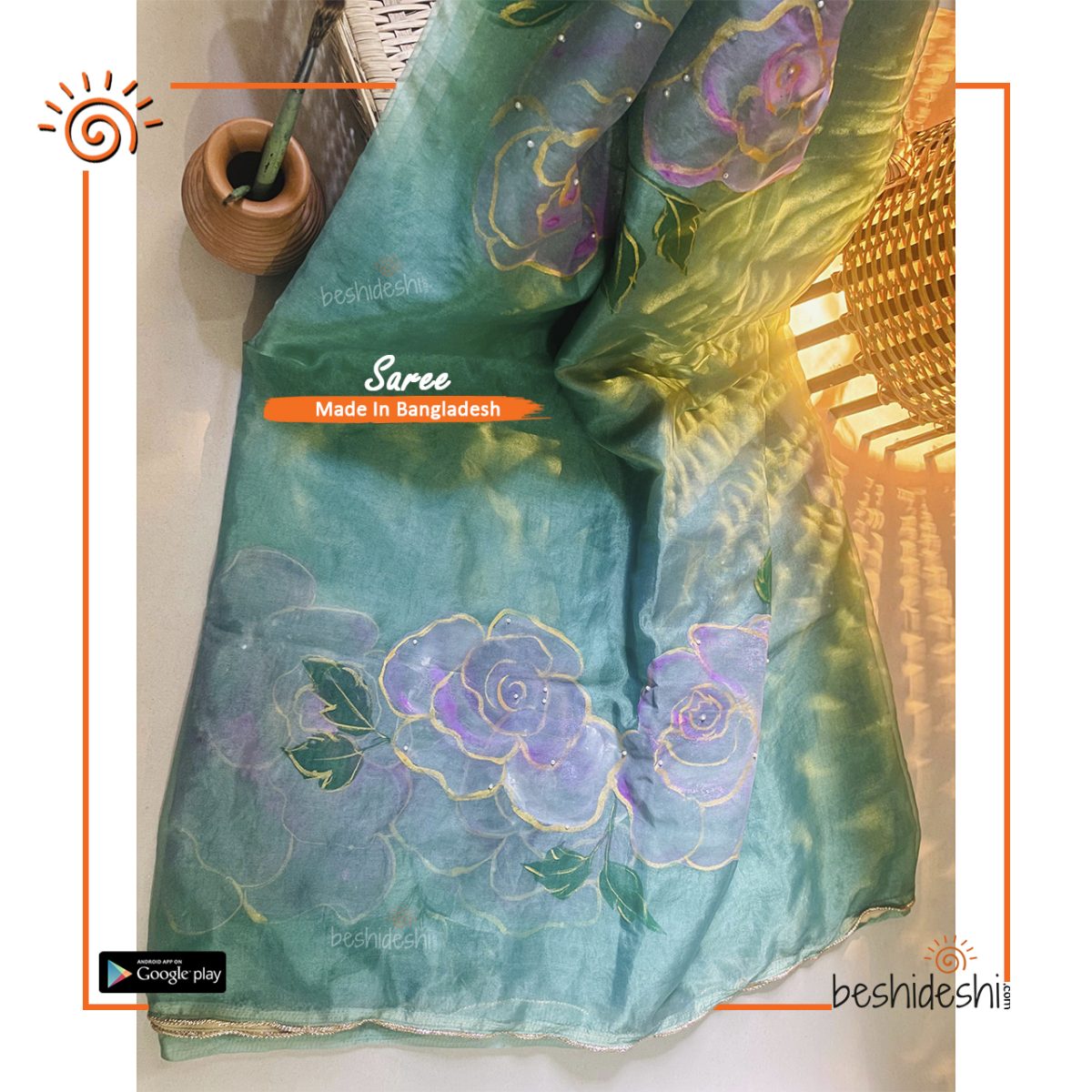 Hand Painted Muslin Saree - BeshiDeshi